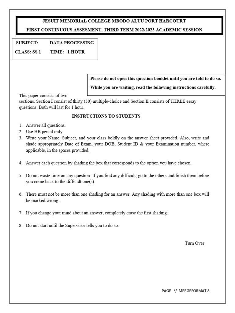 Ca 1 - Third Term SS1 DP 2023 - 2023 | PDF | Microsoft Excel | Computing