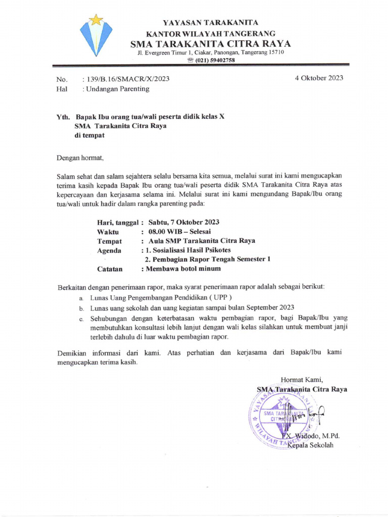 Undangan Parenting & Pembagian Rapor Kls X | PDF