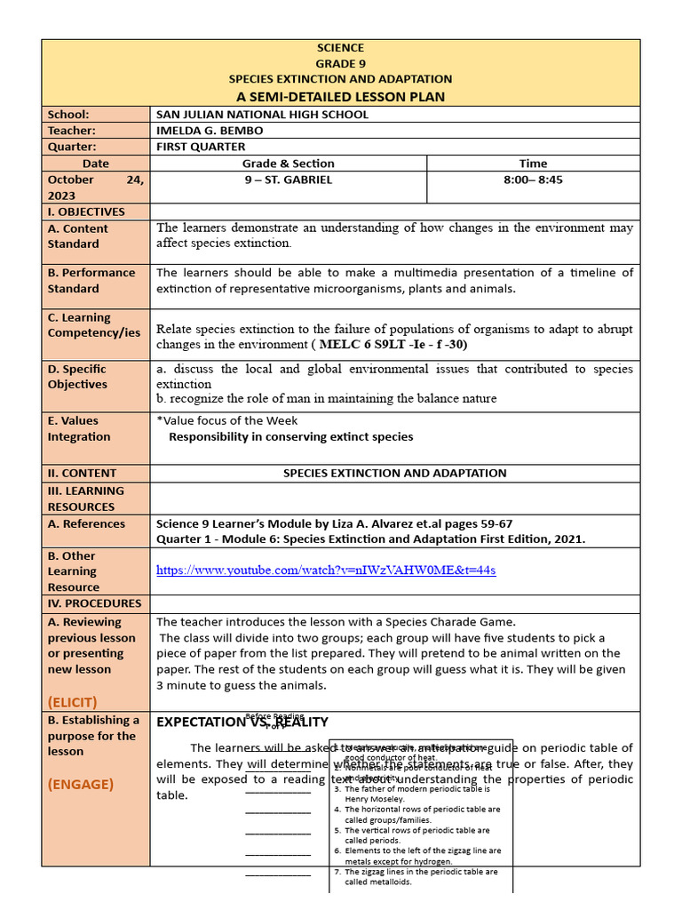 Cot 2 Lesson Plan | PDF | Periodic Table | Chemical Elements