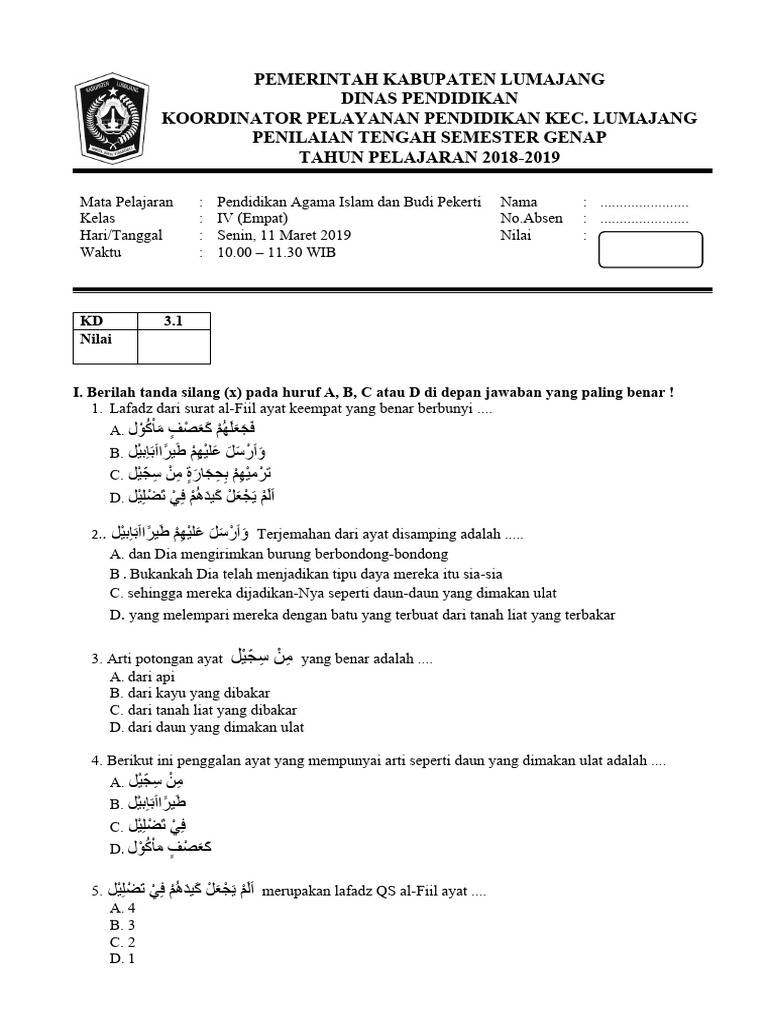 Soal PTS Genap Pai Kelas 4 2018-2019 | PDF