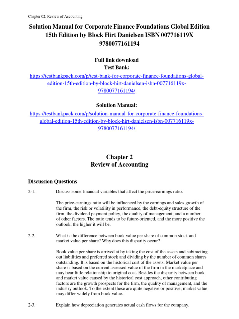 Solution Manual For Corporate Finance Foundations Global Edition 15th Edition by Block Hirt ...