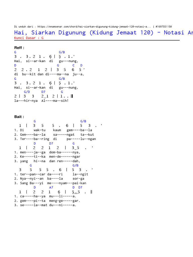 Hai Siarkan Digunung Kidung Jemaat 120 - Notasi Angka Key-G KORD - ONE ...