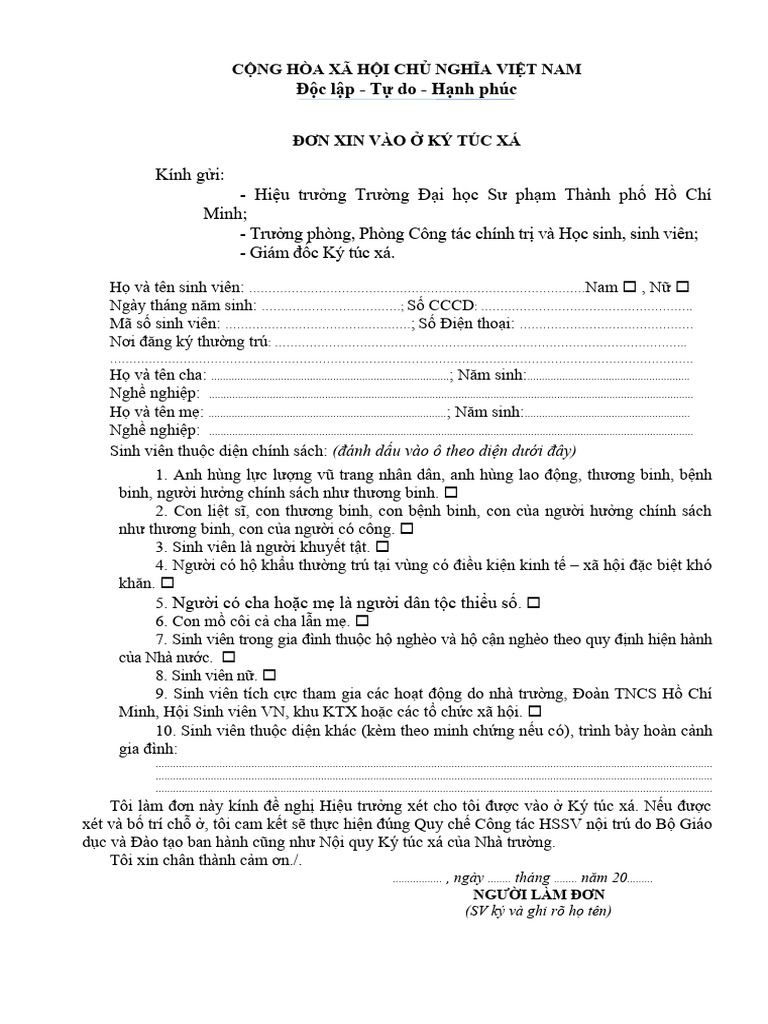 Mẫu đăng ký KTX | PDF