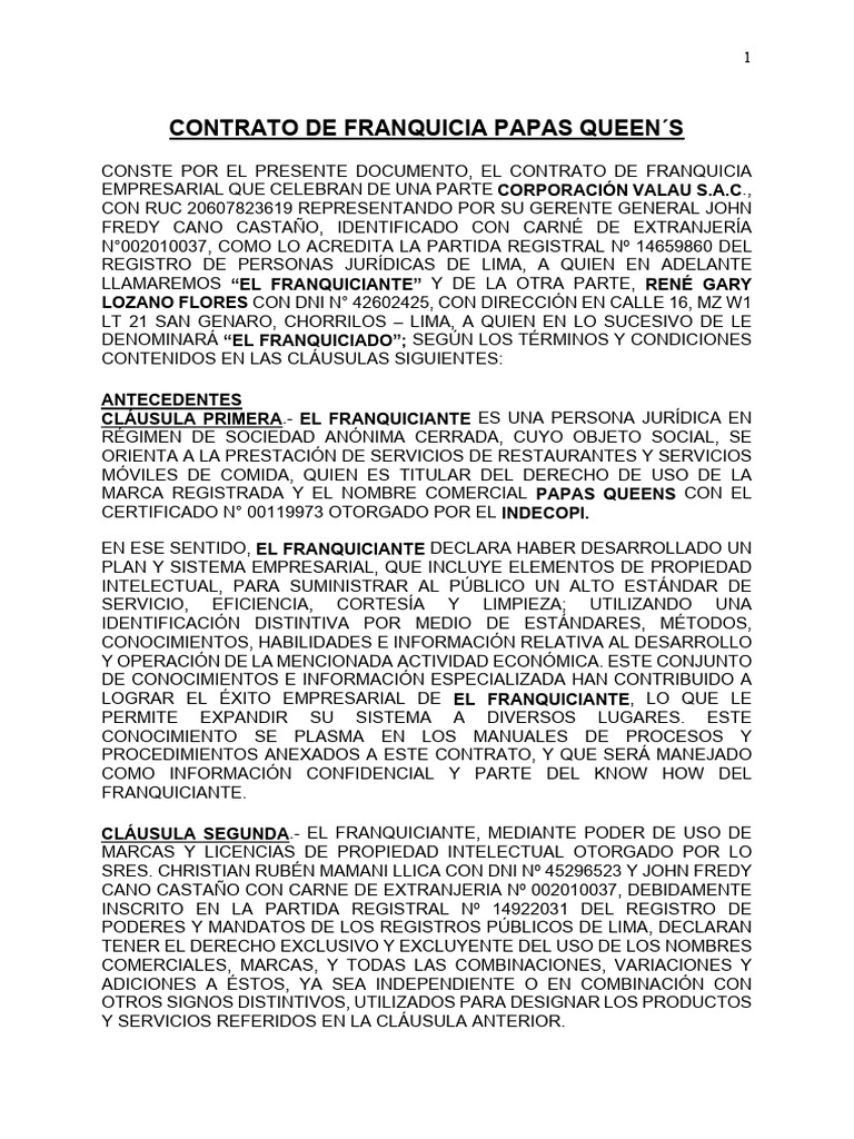 Contrato de Franquicia Papas Queen's | PDF | Franquiciamiento ...