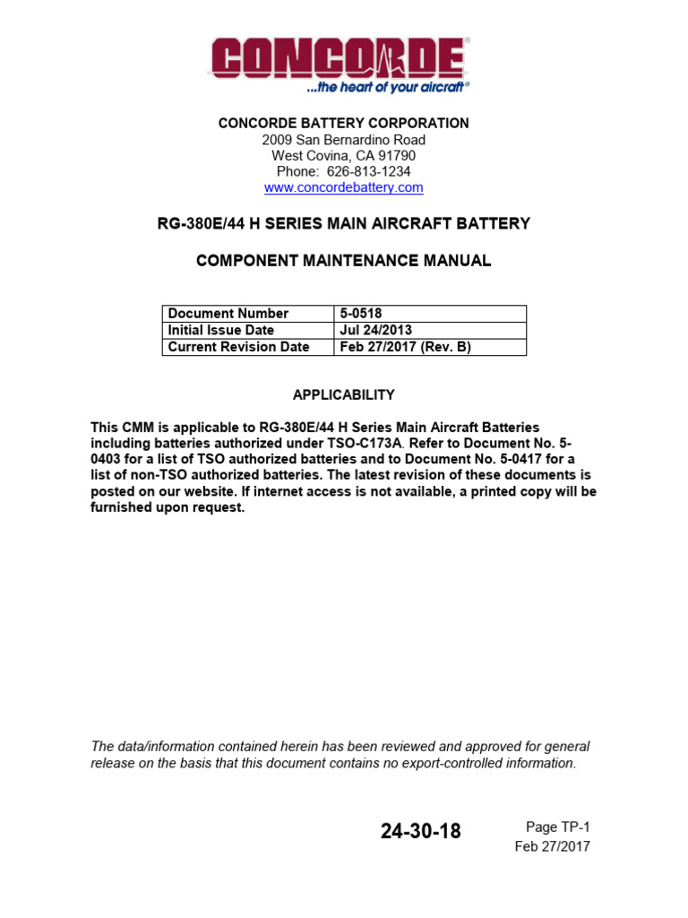 Rg-380E/44 H Series Main Aircraft Battery Component Maintenance Manual ...