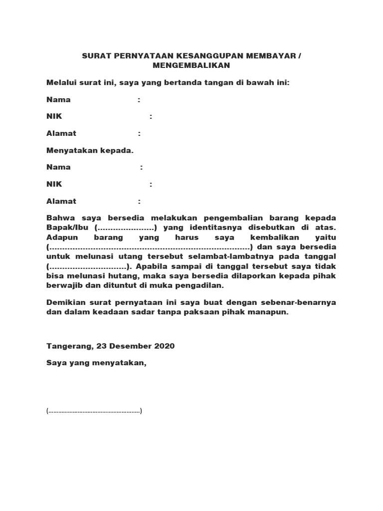 Surat Kesanggupan Bayar Hutang | PDF