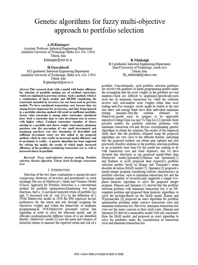 Kimiagari2010 Genetic Algorithms For Fuzzy Multi-Objective Approach To Portfolio Selection | PDF ...