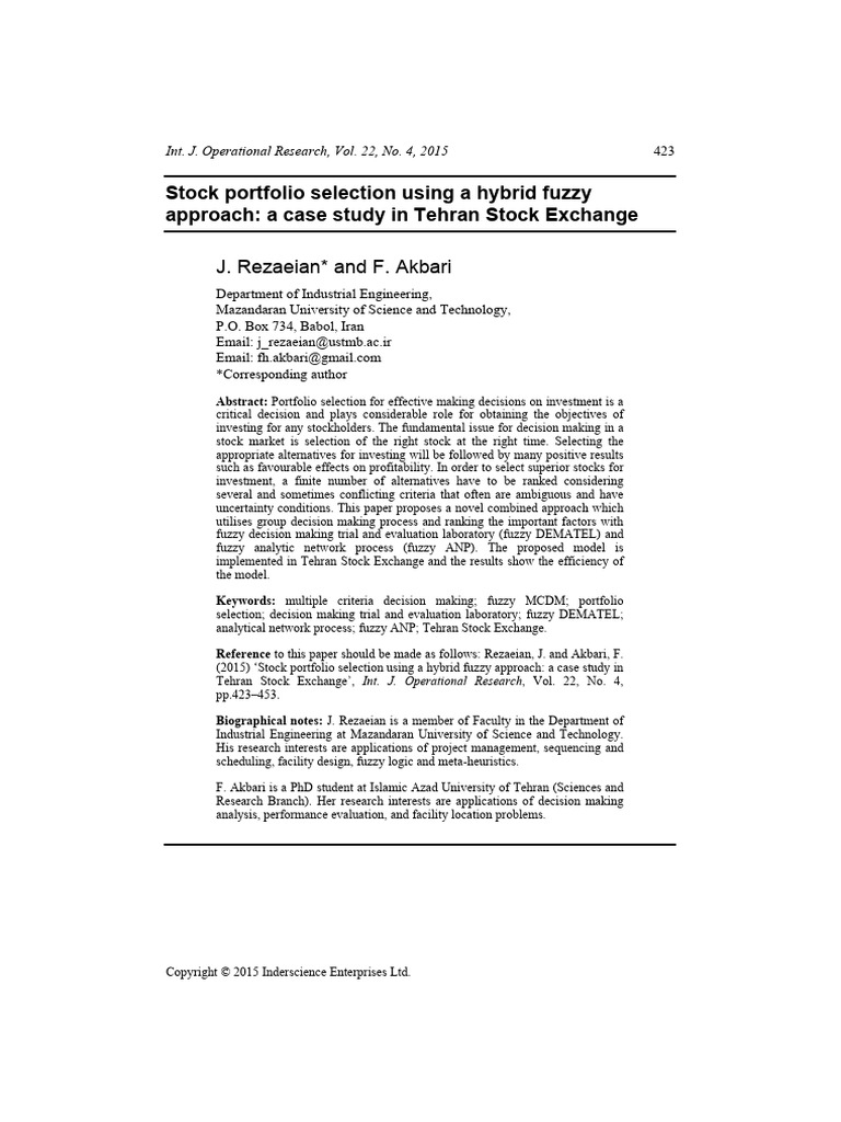 Rezaeian2015 Stock Portfolio Selection Using A Hybrid Fuzzy Approach A