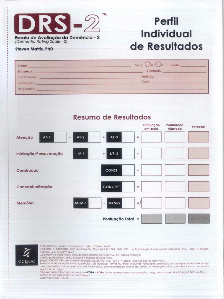 Escala de Avaliação Da Demência - 2 (DRS-2) - Perfil Individual de ...