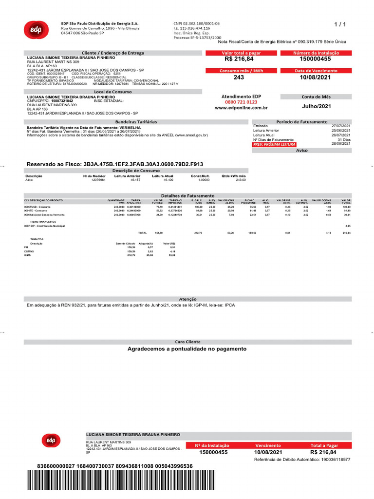 Julho/2021: Nota Fiscal/Conta de Energia Elétrica Nº 090.319.179 Série Única | PDF