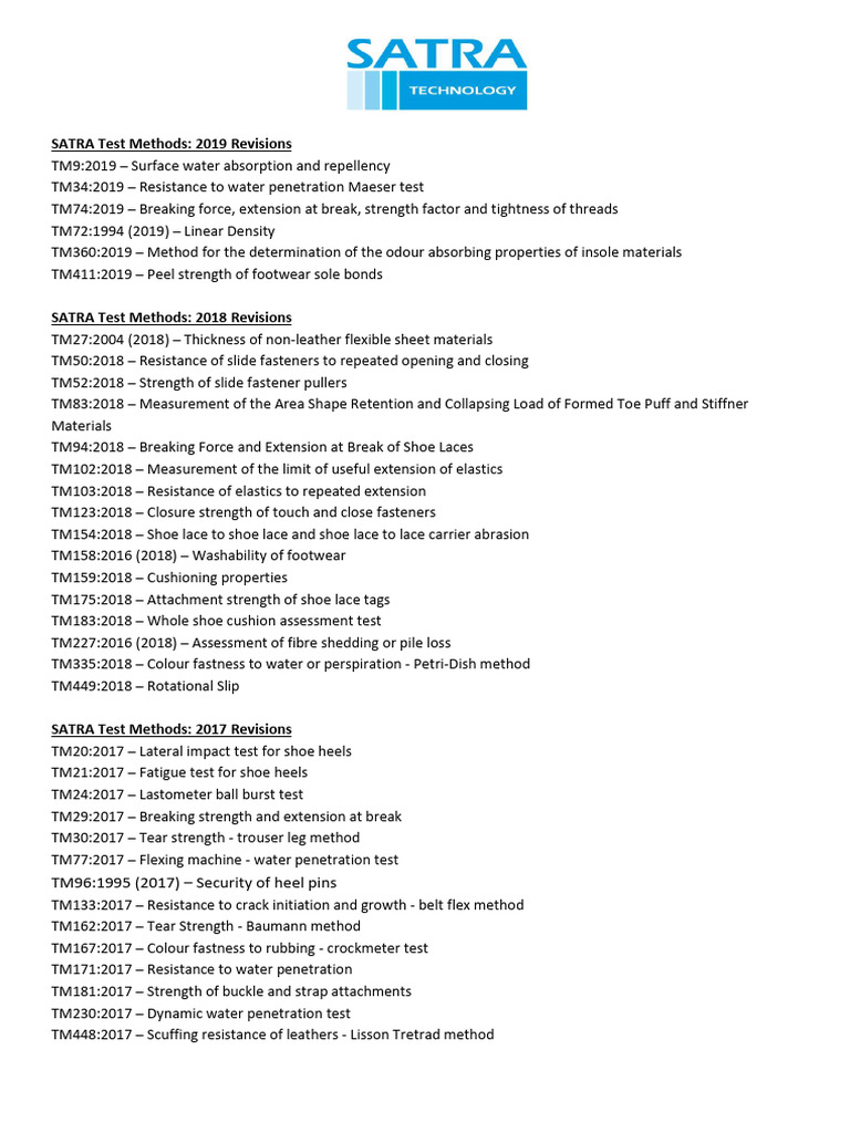 SATRA Test Methods - Revisions 2016-2019 | PDF | Shoe | Physical Sciences