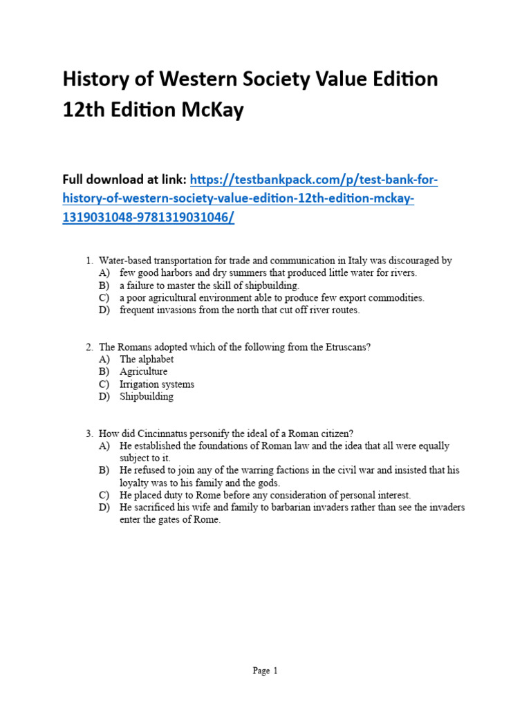 History of Western Society Value Edition 12th Edition McKay Test Bank 1 ...