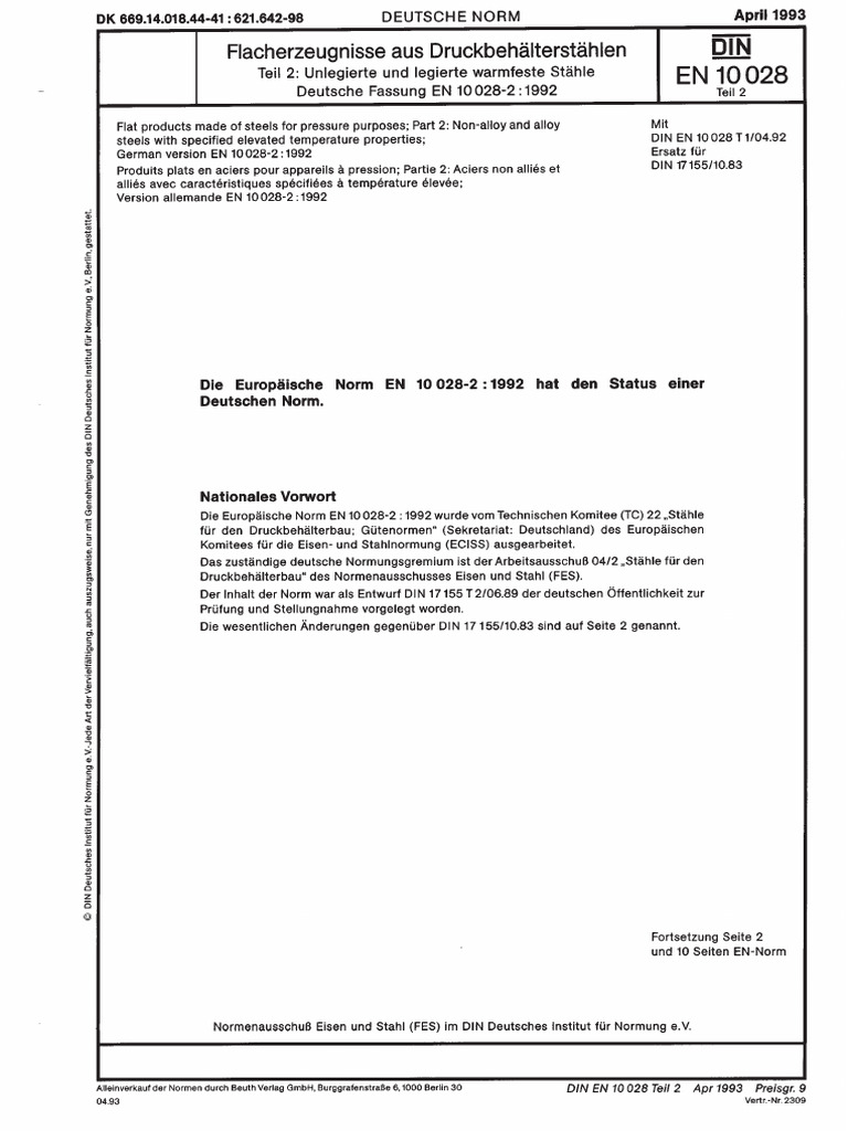 Flacherzeugnisse Aus Druckbehälterstählen - Teil 2 - Unlegierte Und Legierte Warmfeste Stähle ...