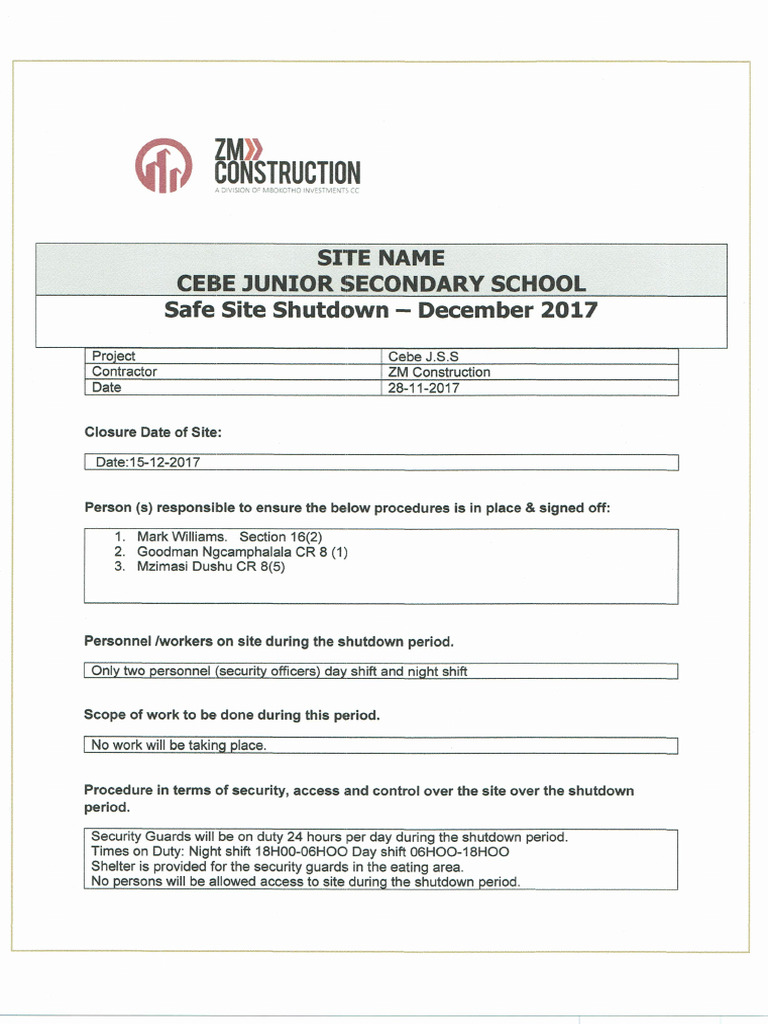 Cebe Site Shutdown Plan | PDF