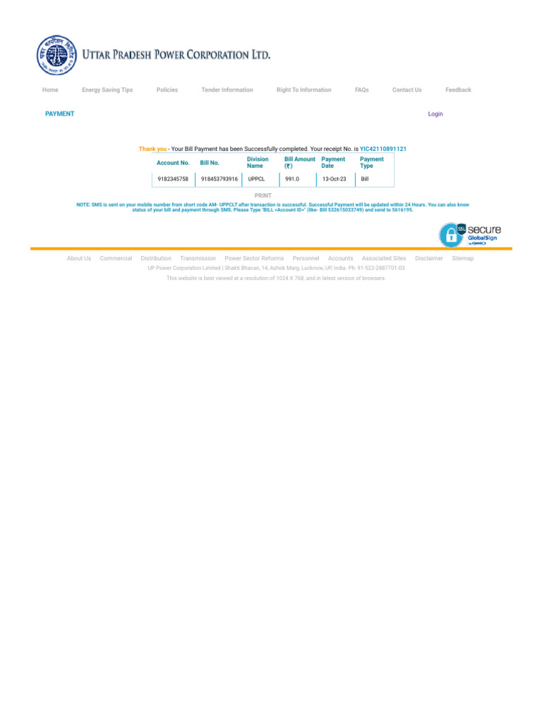 UPPCL Bill Payment Receipt Details | PDF