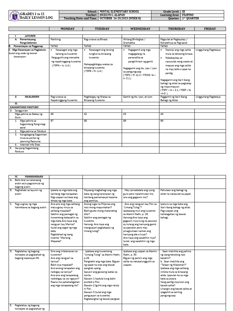 DLL Filipino-3 Q1 W8 | PDF