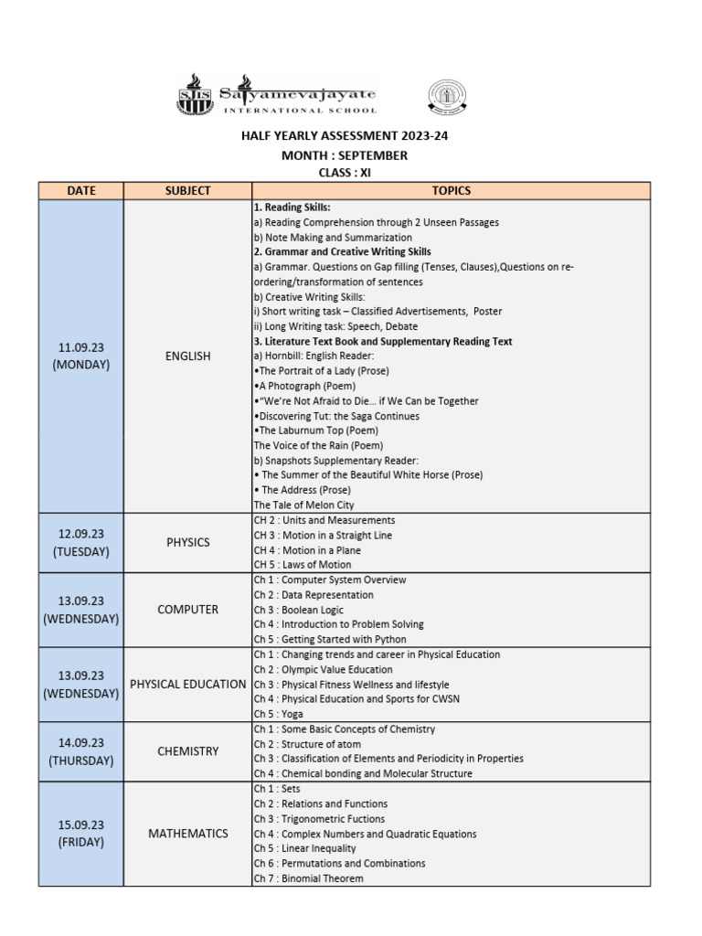 STD Xi Half Yearly Assessment Revised Time Table | PDF | Chemistry | Function (Mathematics)
