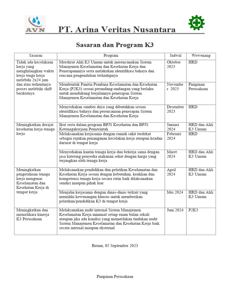 Sasaran Dan Program K3 | PDF Sasaran Dan Program K3 | PDF