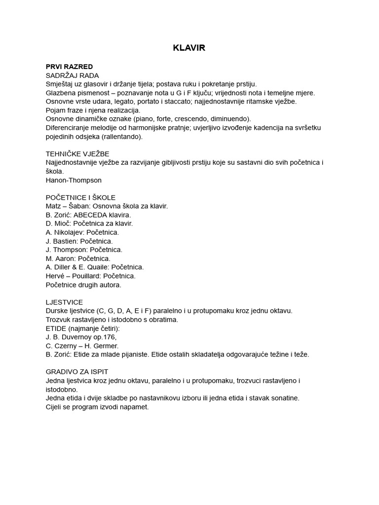 Klavir: Prvi Razred | PDF