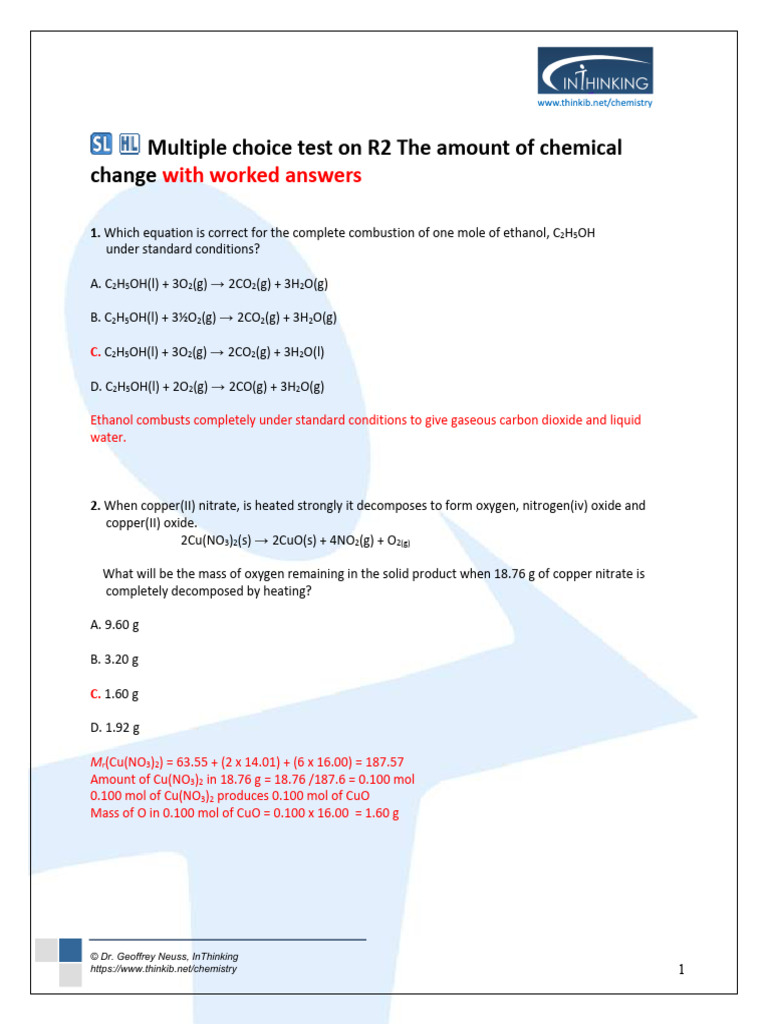 Ans SL MC Test r2 The Amount of Chemical Change | PDF | Titanium ...