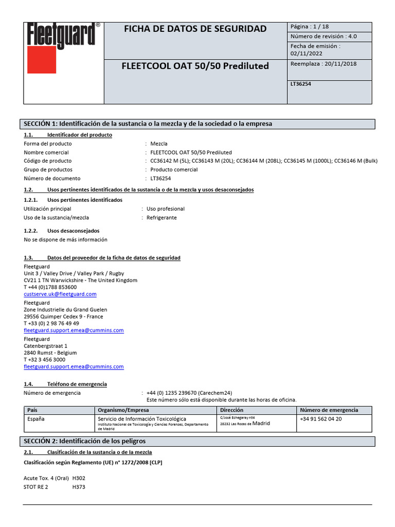Cc36076 Refrigerante Es Compleat Oat 50-50 Premix (TQ) | PDF