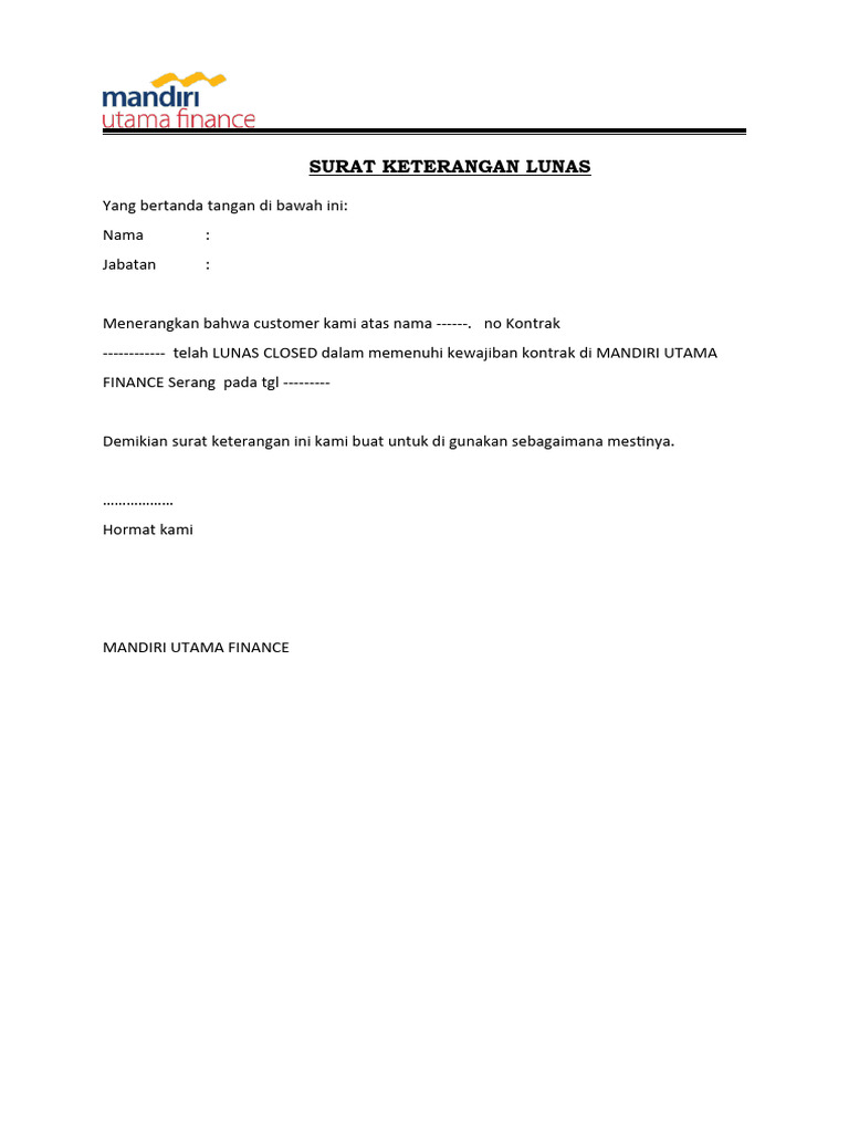 Contoh Surat Keterangan Lunas Kreedit | PDF