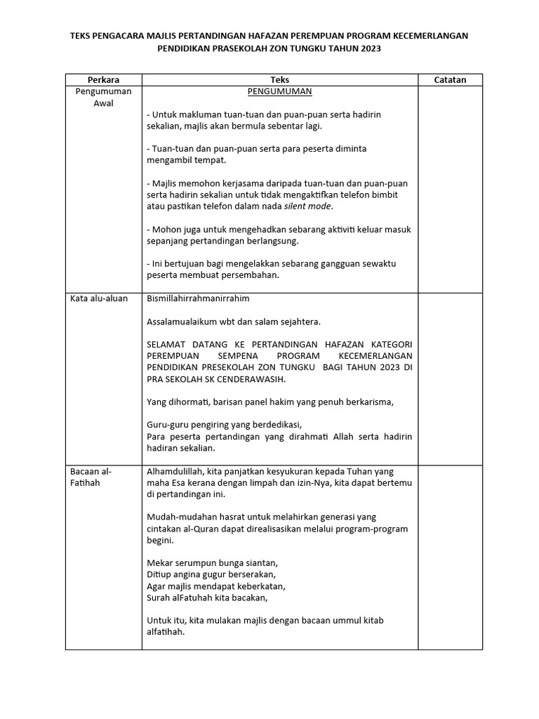 Teks Emcee Pertandingan Hafazan PraSekolah | PDF
