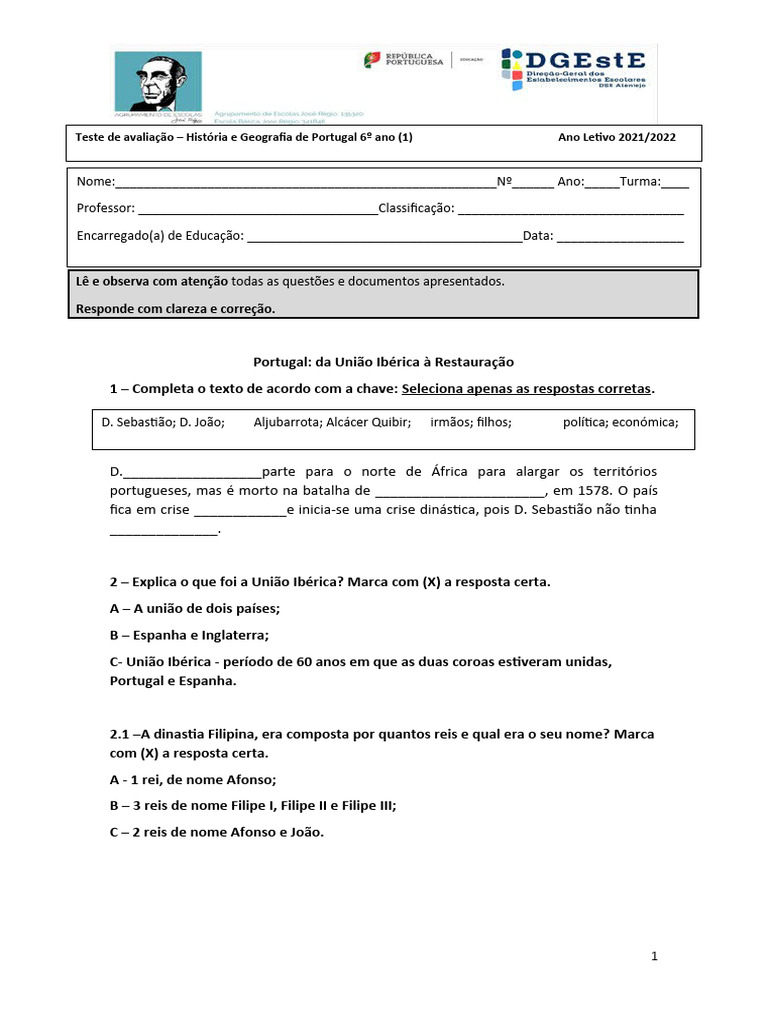 Teste 1º de HGP A - 6º Ano | PDF | Portugal