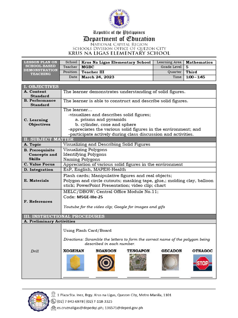 Lesson Plan - Math5 - Visualizing Solid Figures | PDF | Vertex (Geometry) | Shape