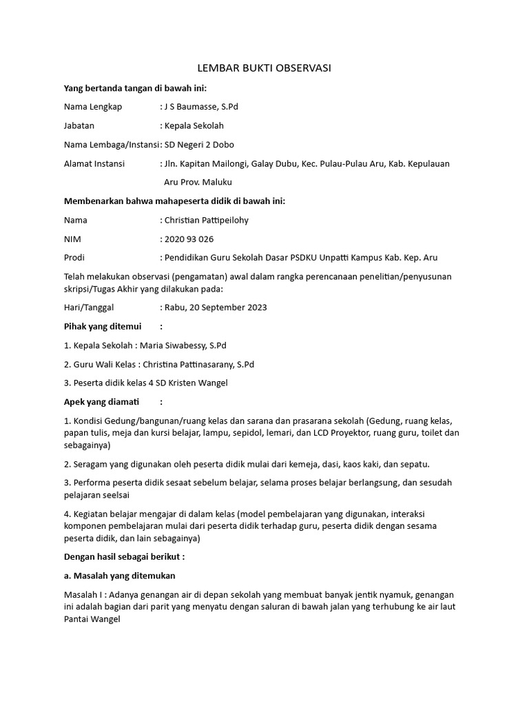 Contoh Lembar Bukti Observasi Pra-Penelitian | PDF