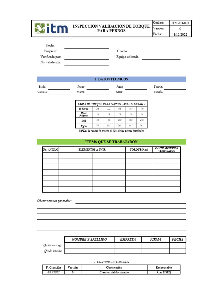 Itm-Fo-003 Formato Validación Torque | PDF