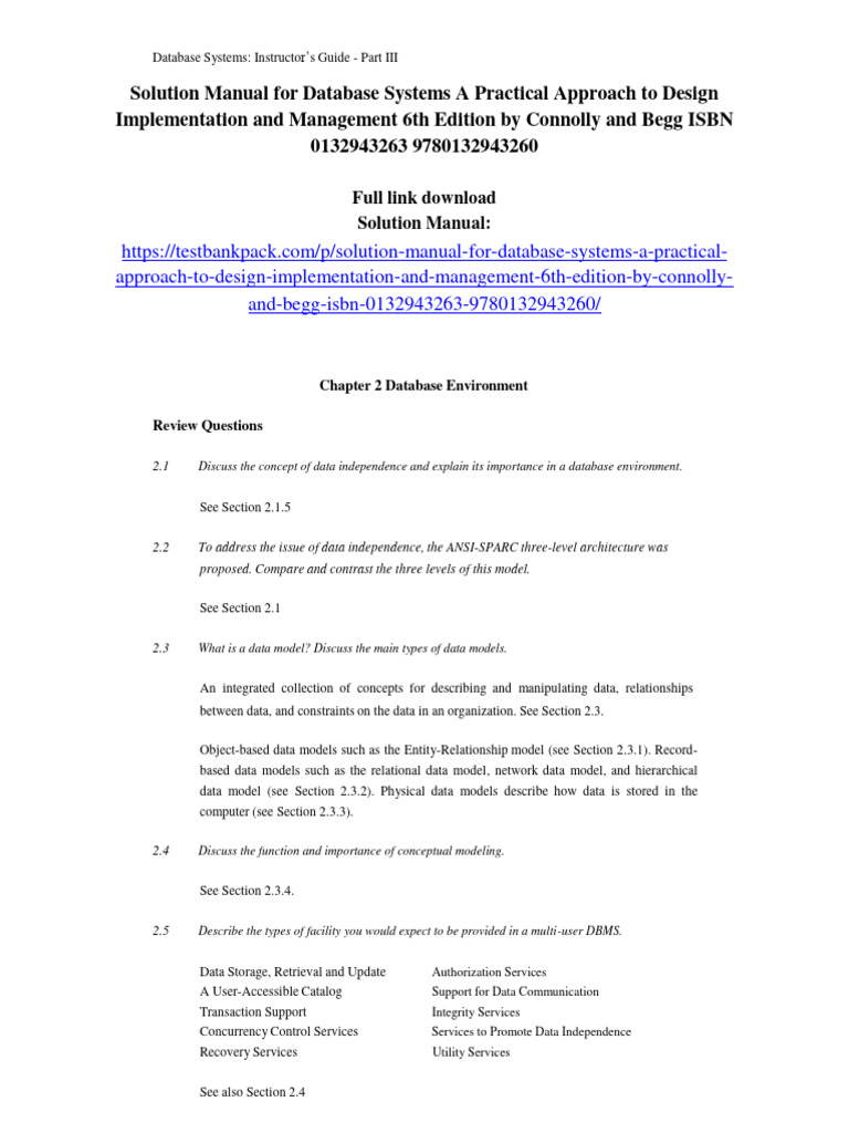 Solution Manual For Database Systems A Practical Approach To Design Implementation And