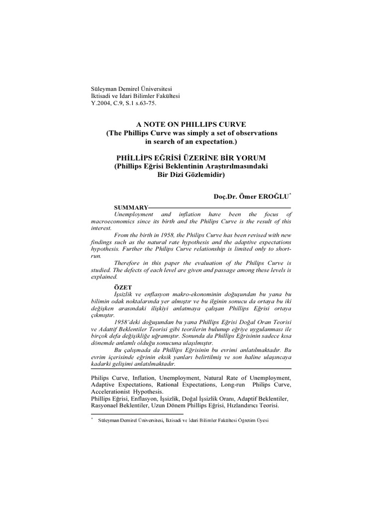 A Note On Phillips Curve (The Phillips Curve Was Simply A Set of ...