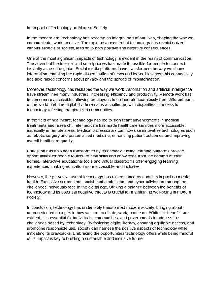The Impact of Technology On Modern Society | PDF