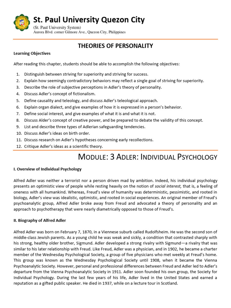 Top M3 Adler Individual Psychology | PDF | Sigmund Freud | Self Esteem