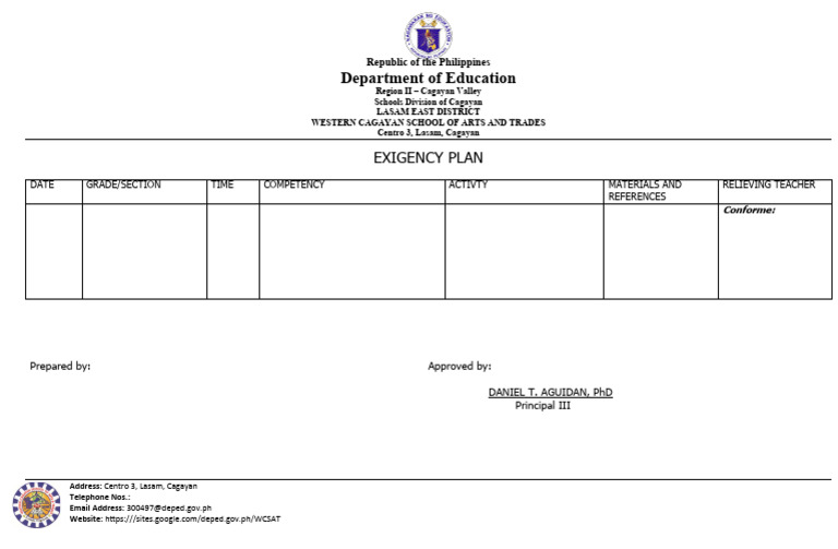 Exigency Plan Template | PDF