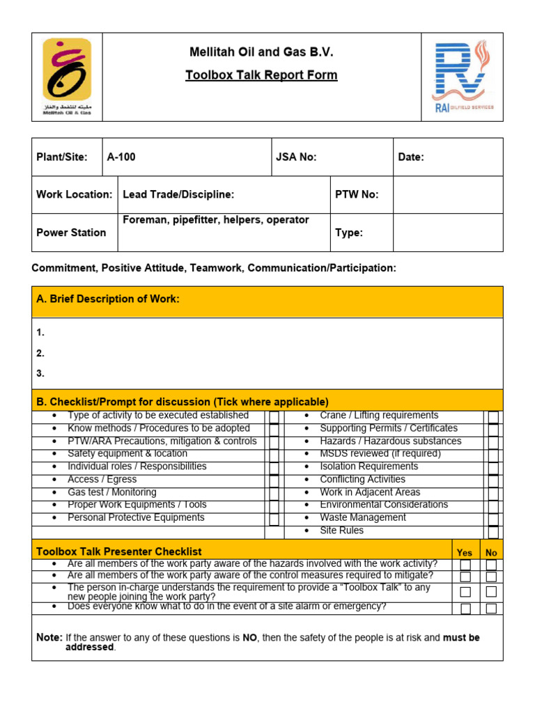 Toolbox Blank Sheet | PDF | Occupational Safety And Health | Safety