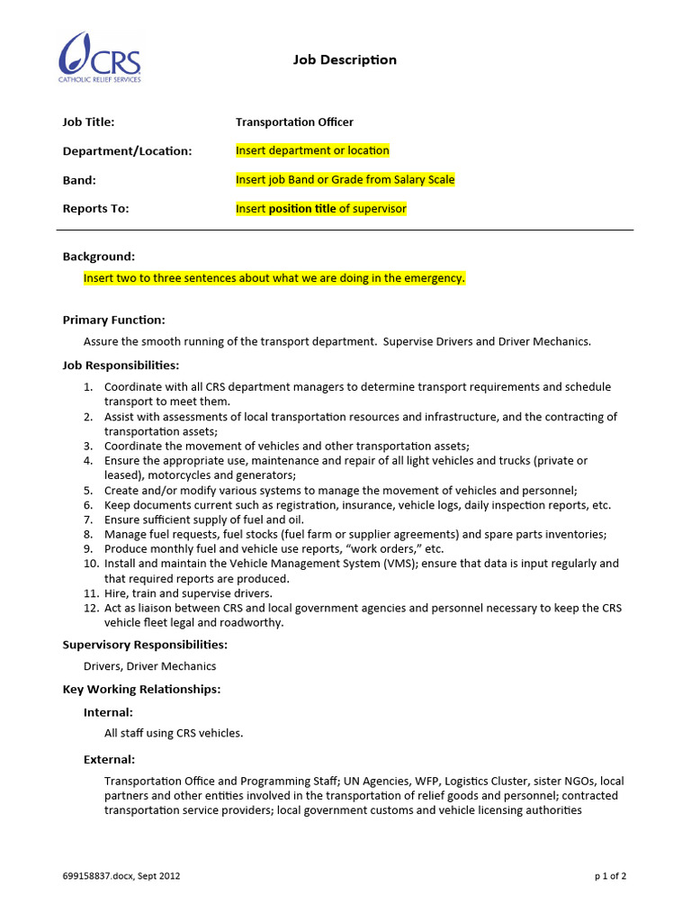 Transportation Officer Job Description | PDF | Transport | Experience