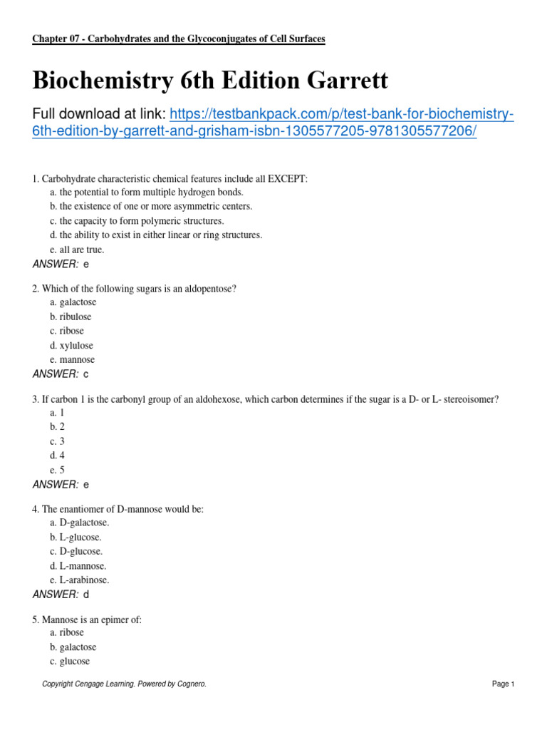 Biochemistry 6th Edition Garrett Test Bank 1 | PDF