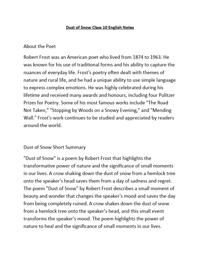Dust of Snow: Class 10 Notes | PDF | Poetry