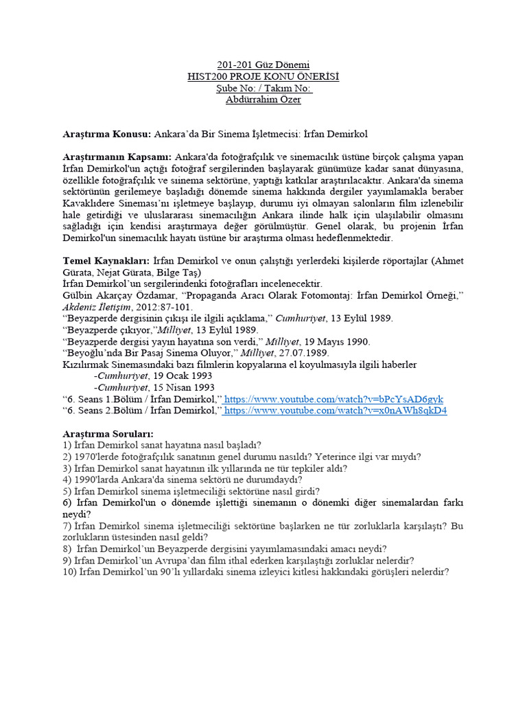 HIST200 Proje Konu Önerisi (Yeterli Ve Kapsamlı Örnekler) | PDF