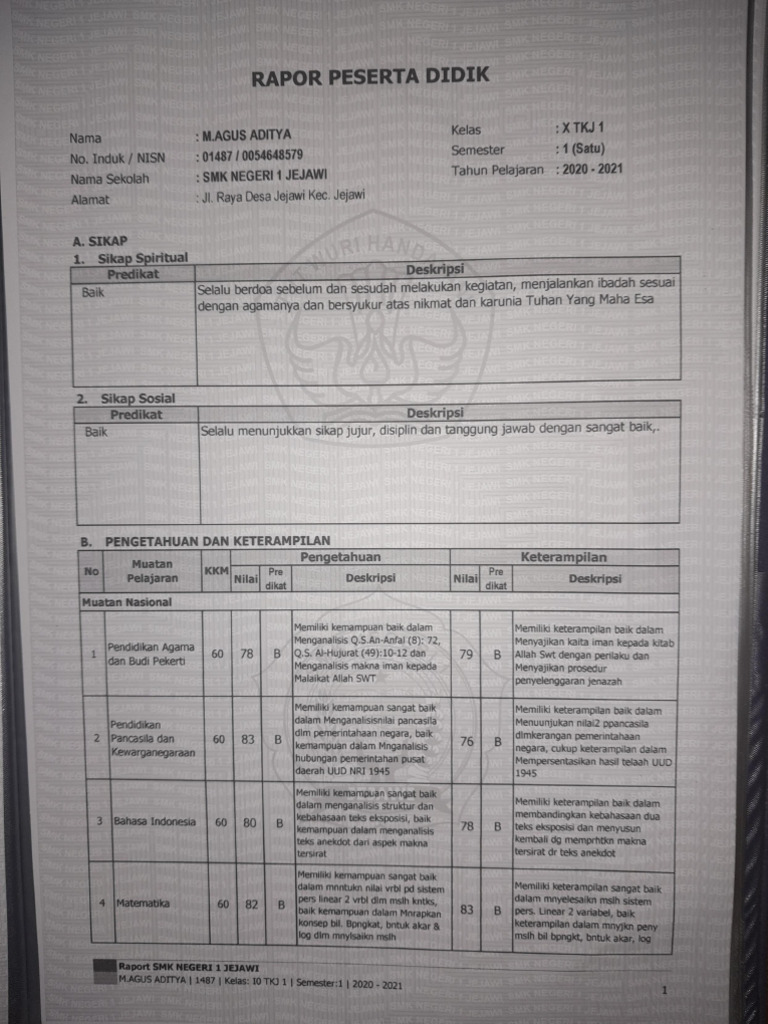Nilai Raport Semester 1-5 | PDF