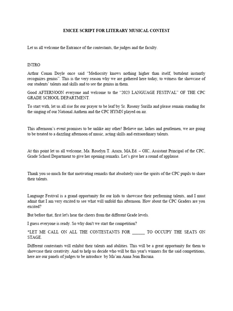 Emcee Script For Literary Musical Contest | PDF | Travel