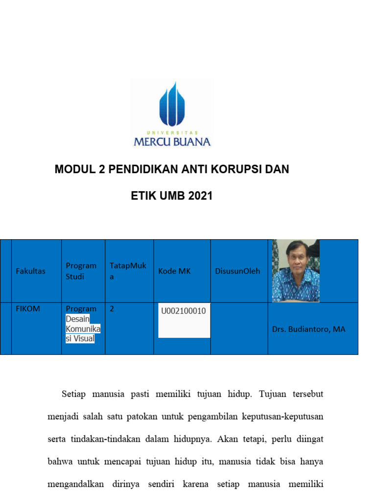 Modul 2 Pendidikan Anti Korupsi Dan Etik Umb | PDF
