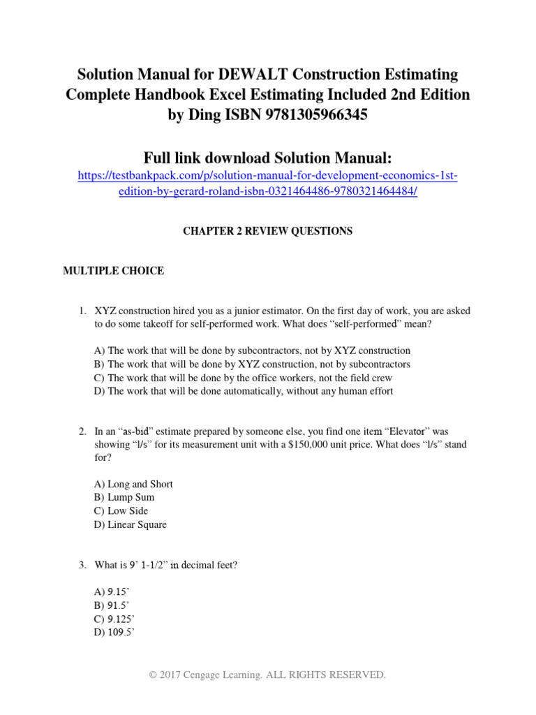 Solution Manual For DEWALT Construction Estimating Complete Handbook ...