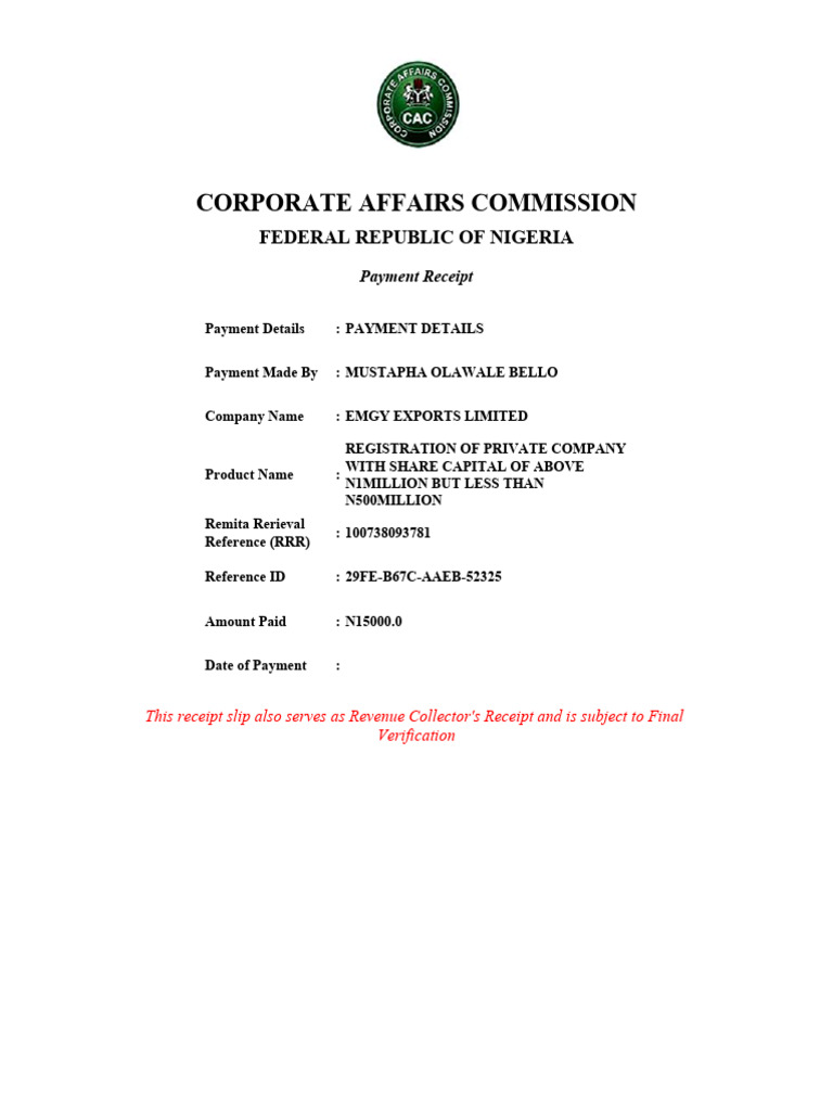 CAC Payment Receipt for EMGY EXPORTS | PDF
