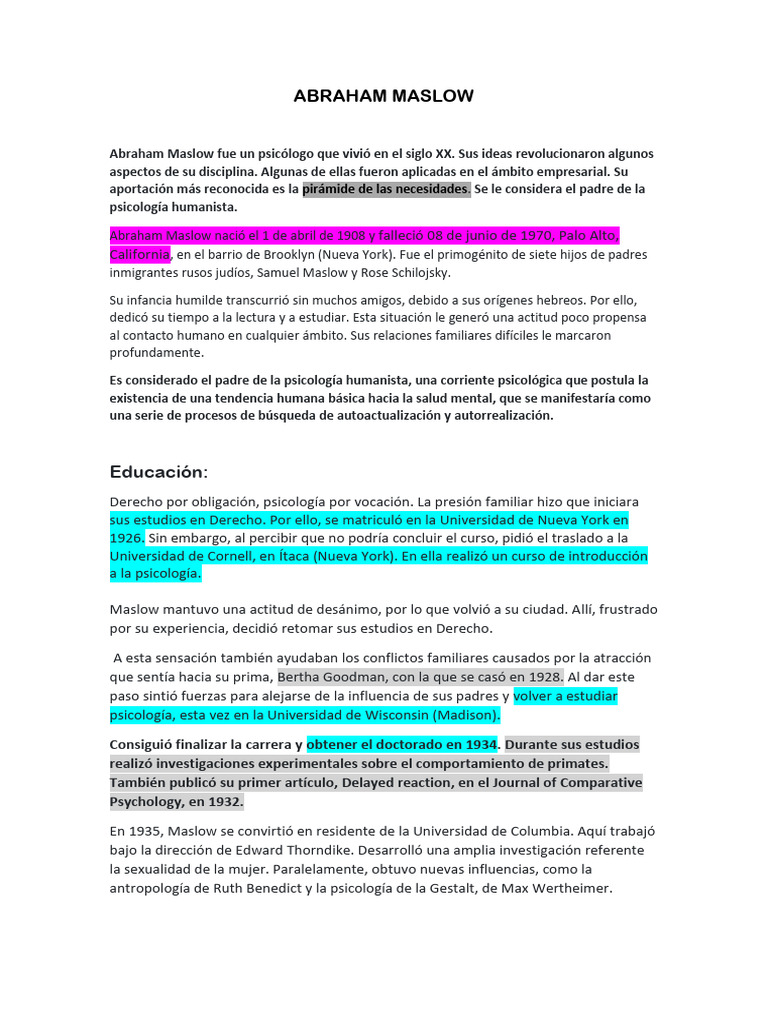 Abraham Maslow | PDF | Sicología | Conceptos psicologicos