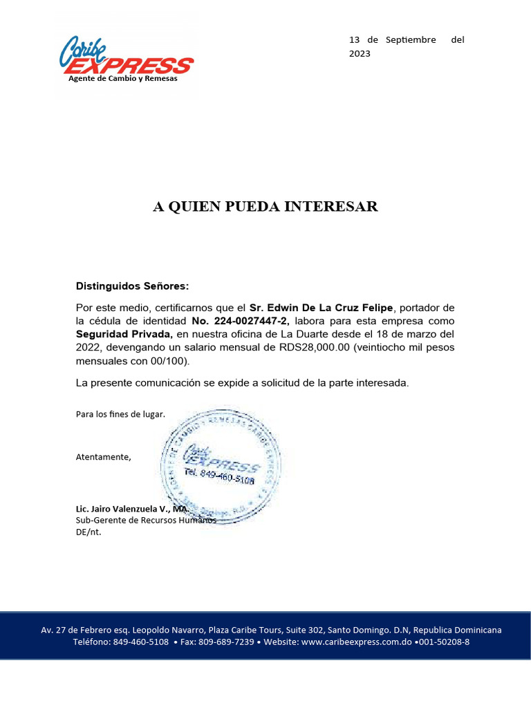 Certificación Laboral Caribe Express 2023 | PDF