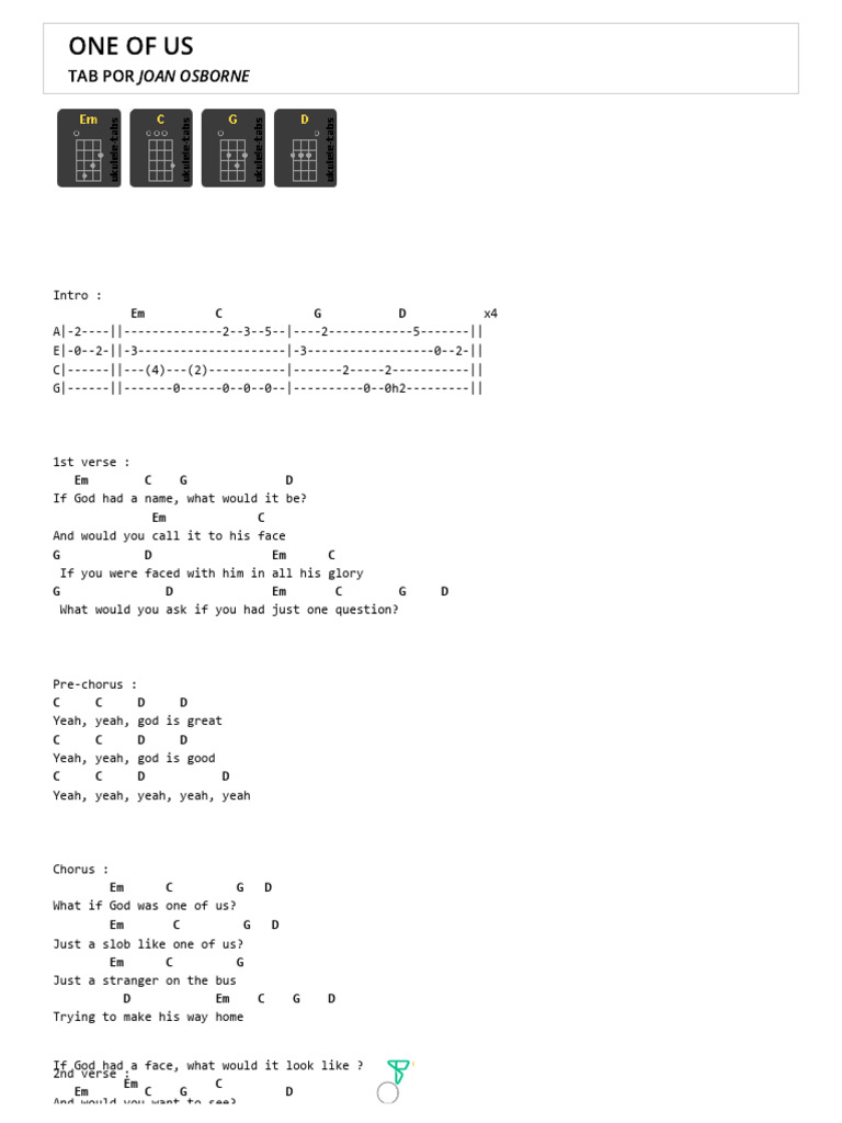 One of Us Tab Por Joan Osborne - Ukulele Tabs | PDF | Song Structure ...