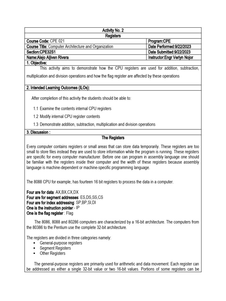 Activity No 2 Registers Alejo Aljiven R. | Download Free PDF | Central Processing Unit | Digital ...